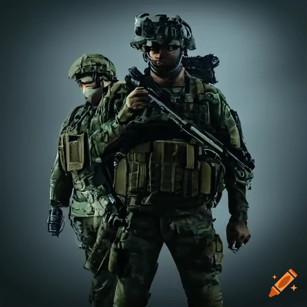 Depict two special ops soldiers standing in the background. they should ...
