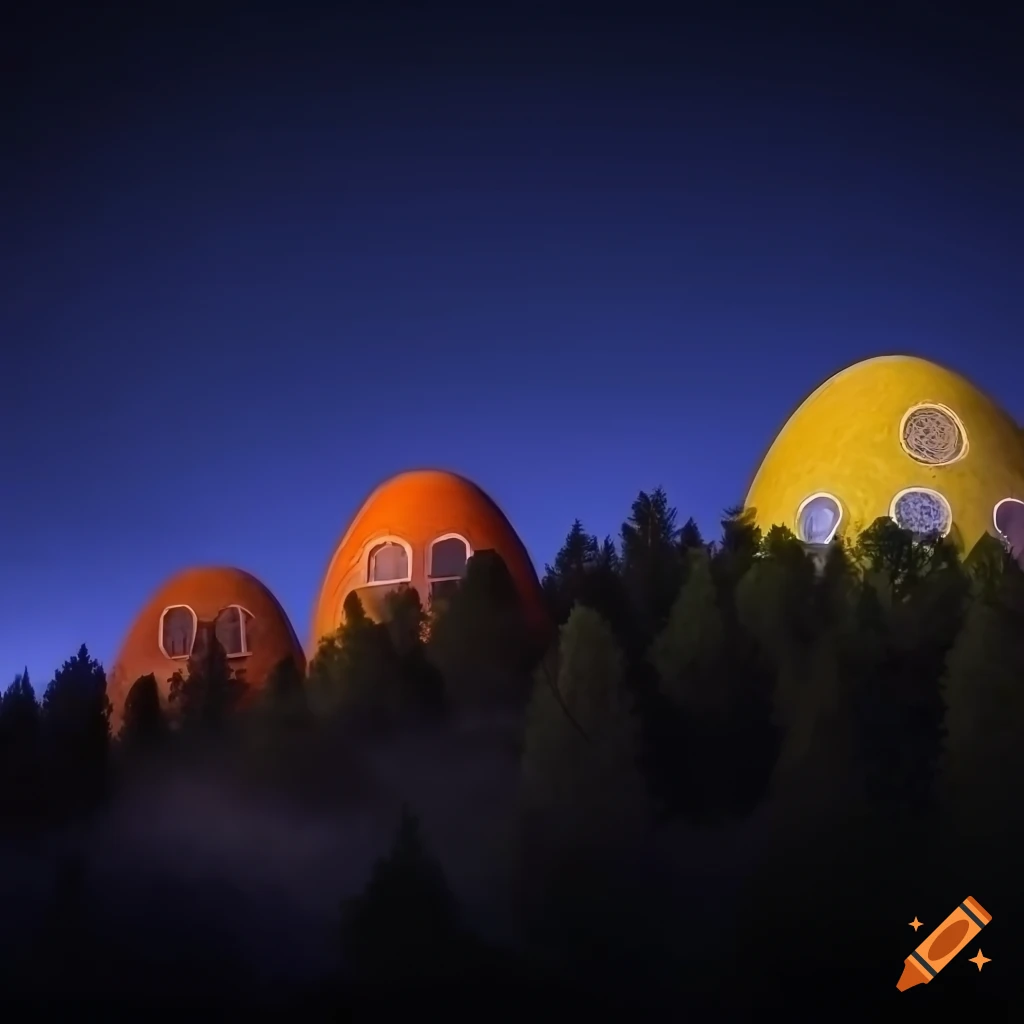 Wide shot of multi colored concrete egg-shaped houses in the hills ...