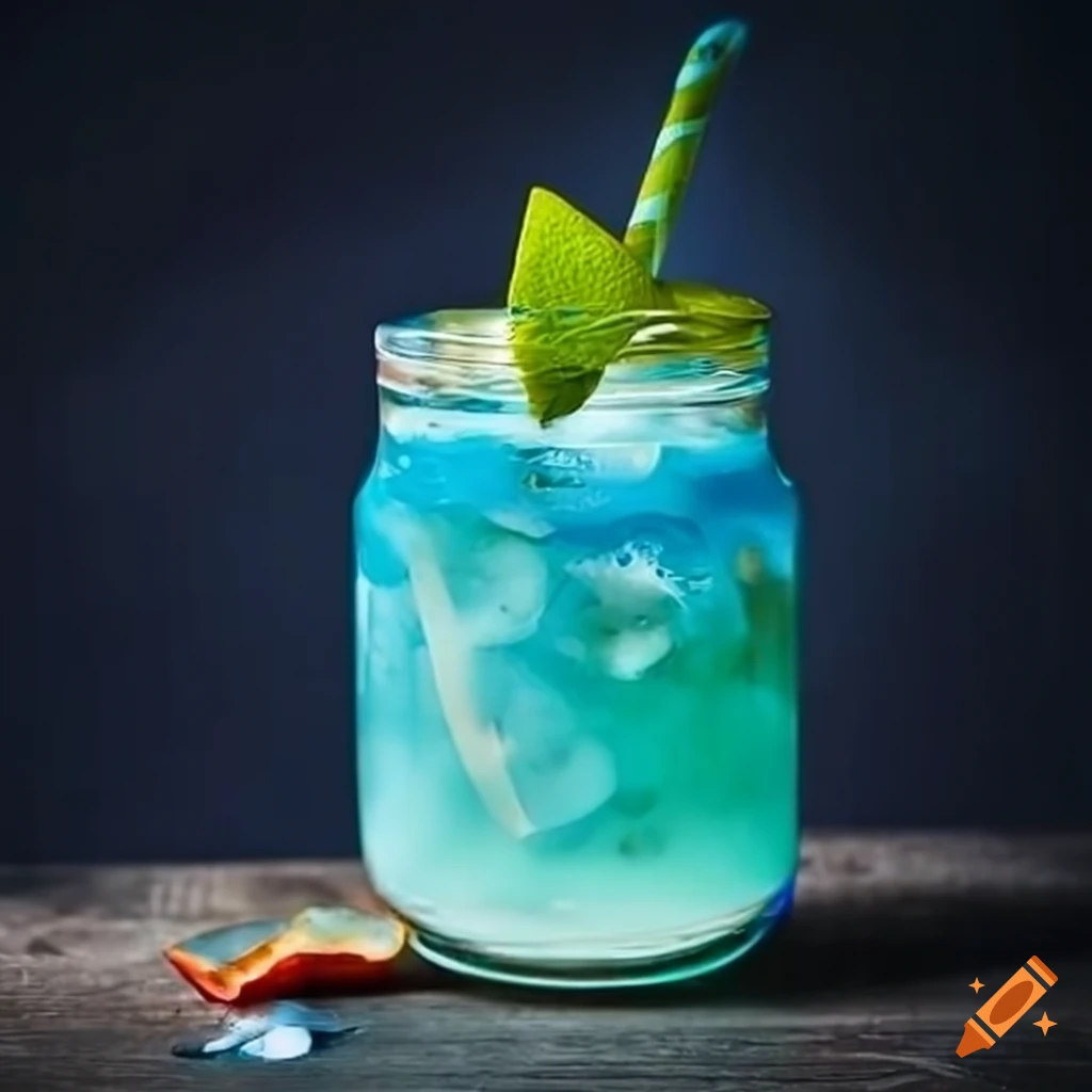 Drink blue hawaaian cocktail in a glass jar on Craiyon