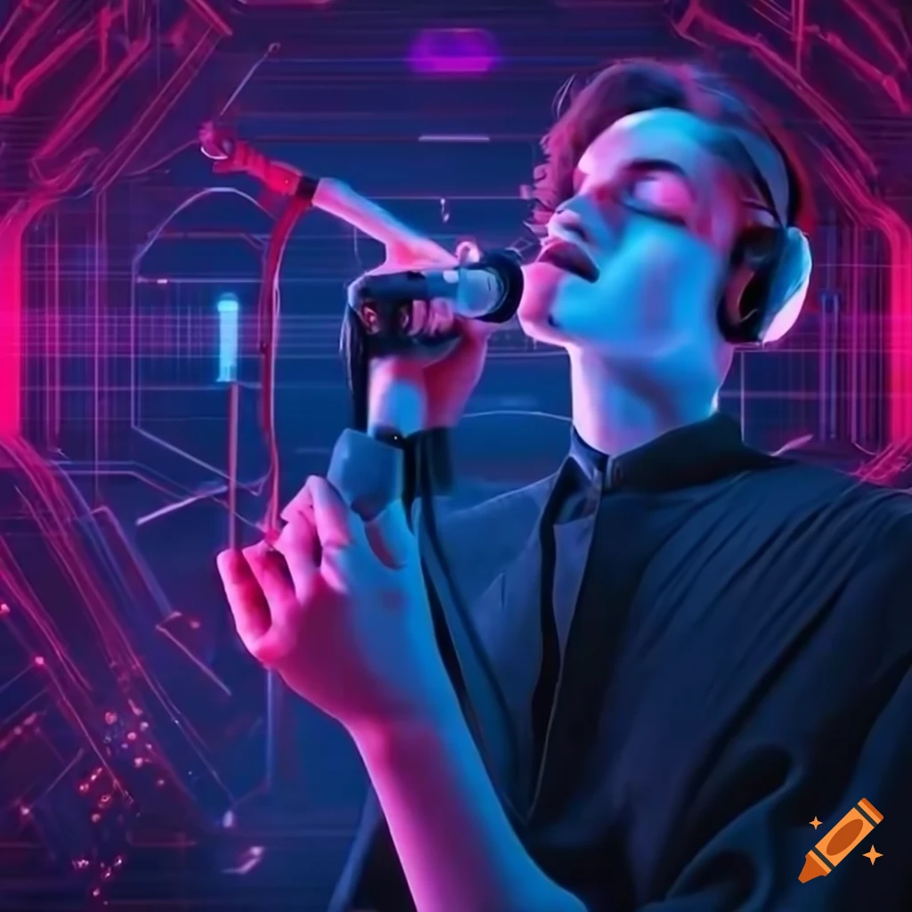 Virtual musician performing in neon lights against cyber backdrop
