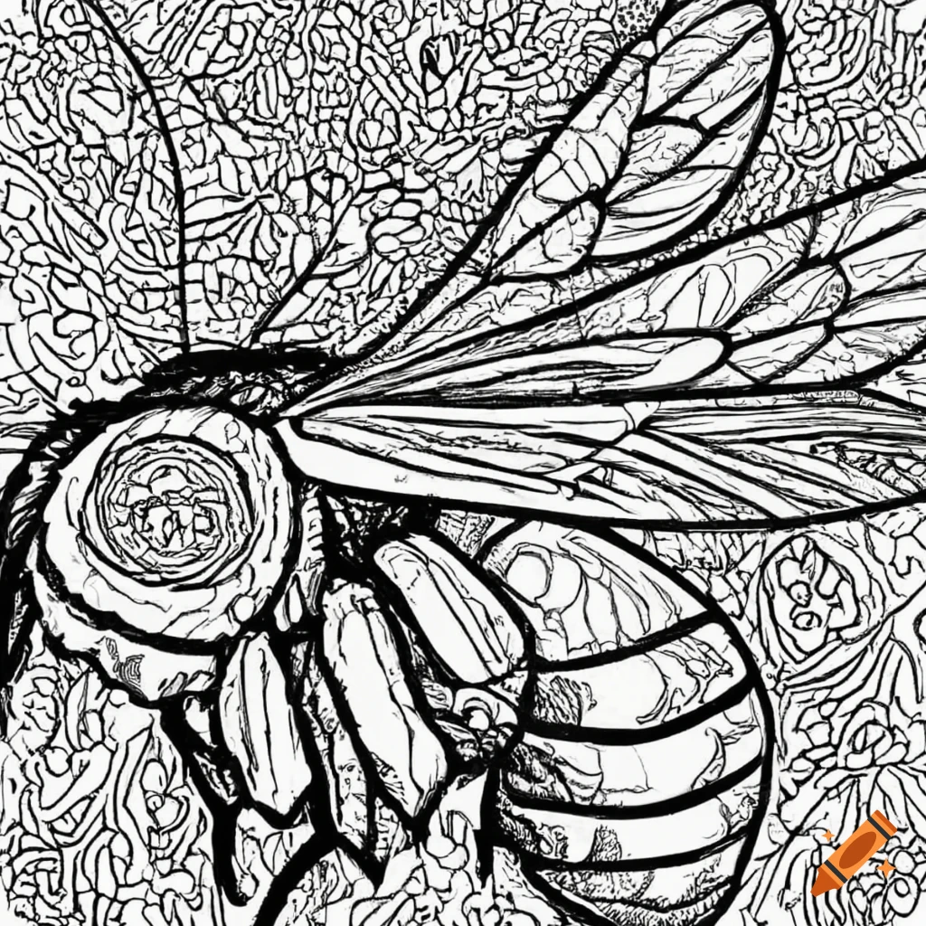 Detailed black white line drawing coloring page bee honeybee