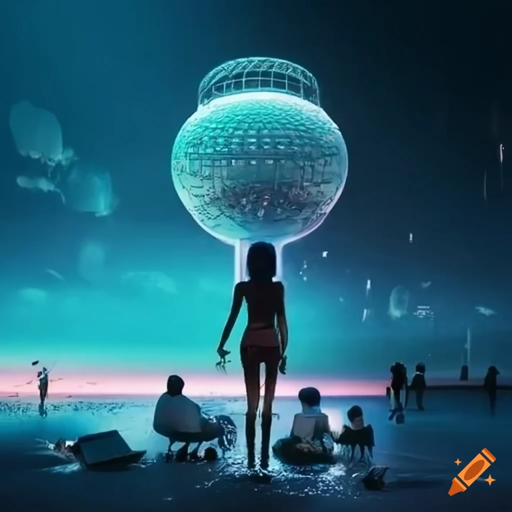 People exploring a futuristic world fair in 2080