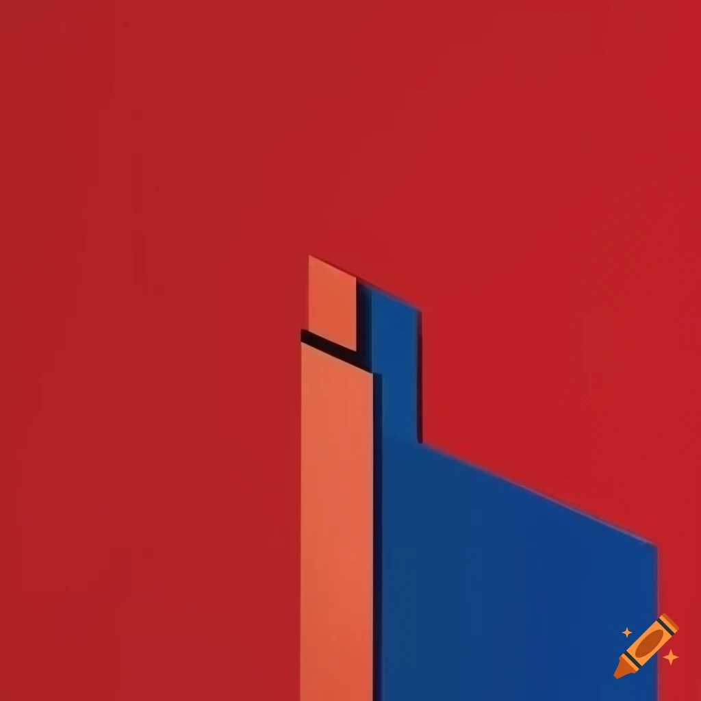 Minimalistic art, bright red and blue color scheme, reflected metals