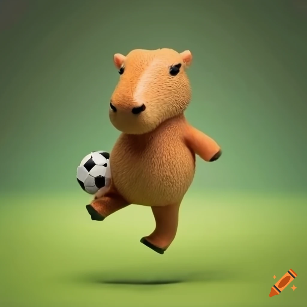 A toy of a capybara playing soccer