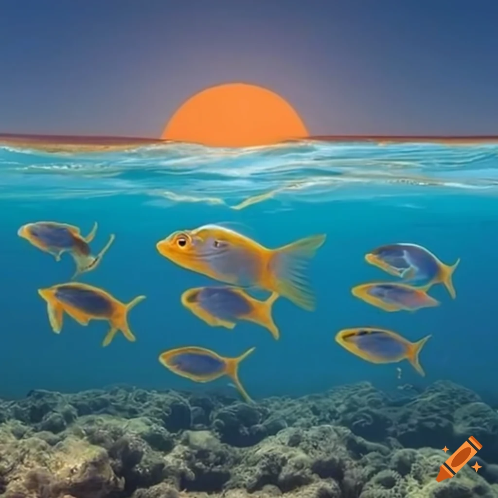 Make me a picture of lots of fish in the ocean with a blue sky and an ...