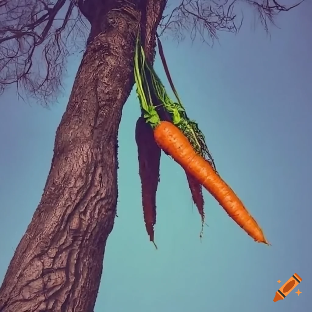 We see a tree, with a multiple carrots hanging on the tree