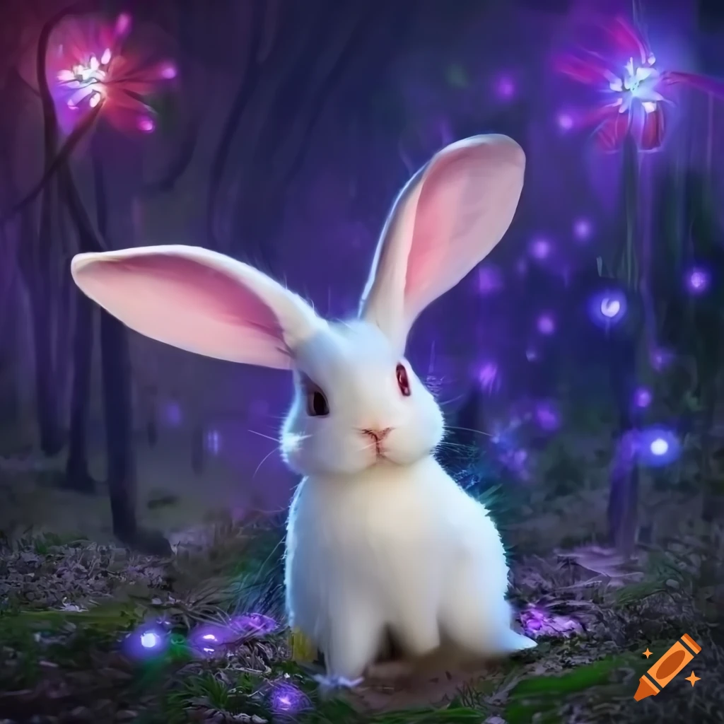 Adorable white rabbit surrounded by glowing flora in a fantasy forest ...