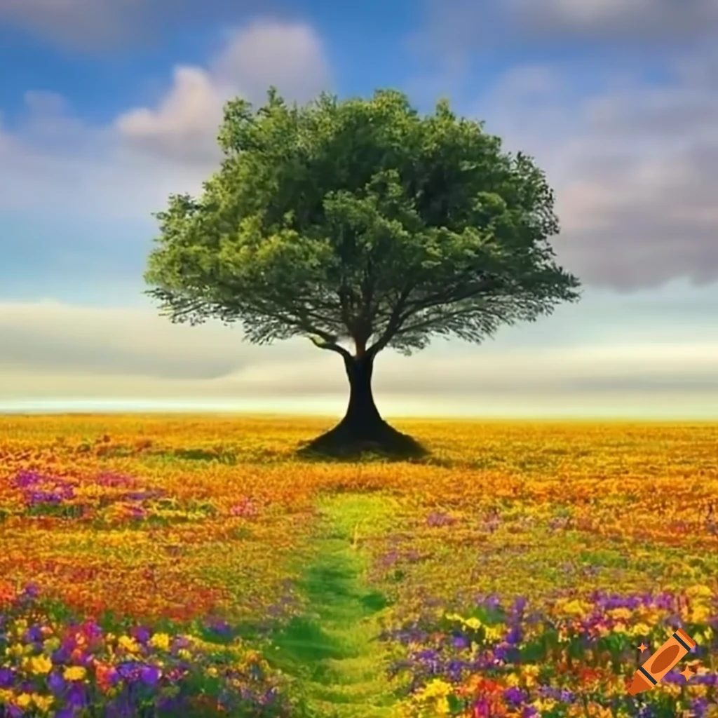 Only tree in the middle flowers field