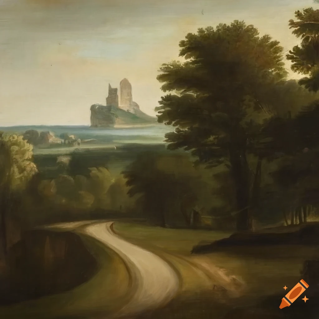 Renaissance painting of a landscape with road, trees and distant castle ...