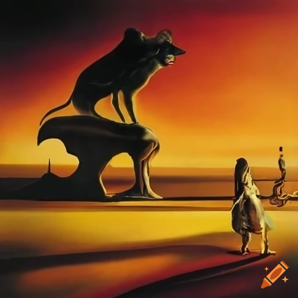 Salvador dalí painting of man riding on a wolf at sunrise on Craiyon