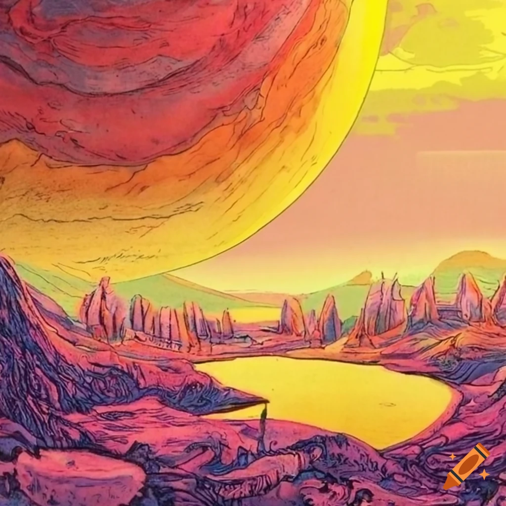 Wood etching of alien planet landscape