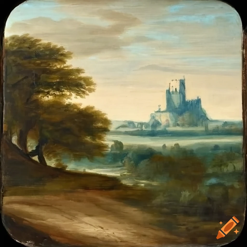 Renaissance painting of a landscape with road, trees and distant castle ...