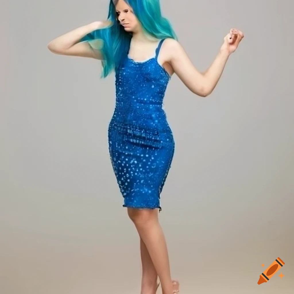 Full body picture of a woman with blue flowing hair and a starry ...