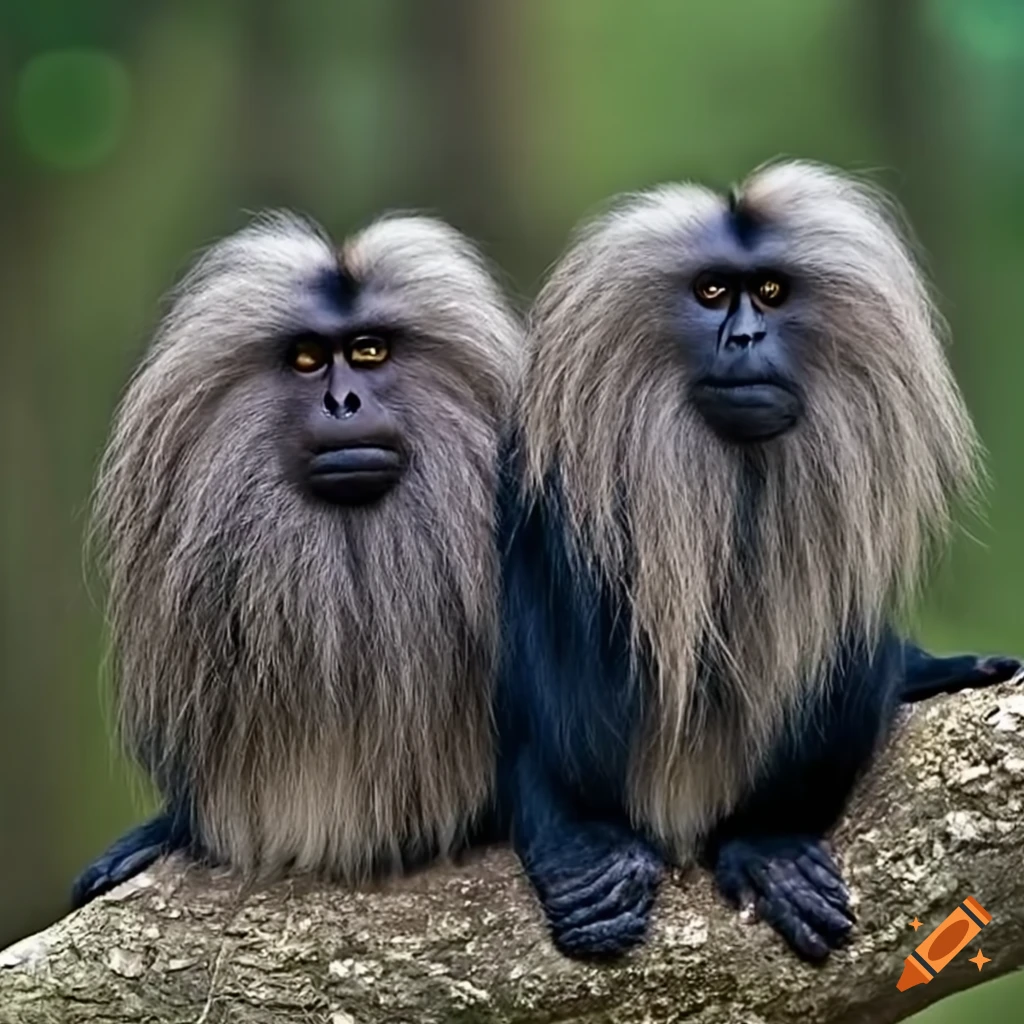 A pair of lion tailed macaque with striking silver mane on Craiyon