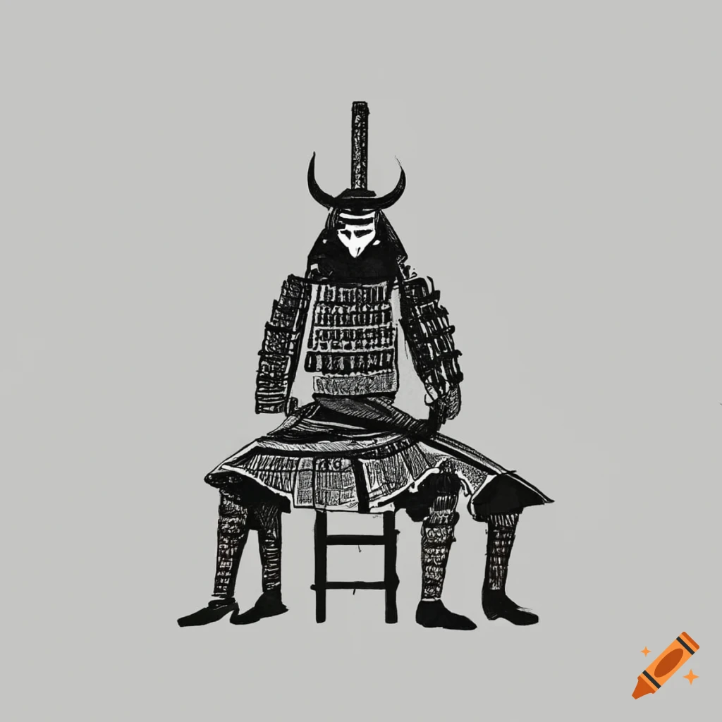 Minimalist drawing of a samurai sitting on a throne
