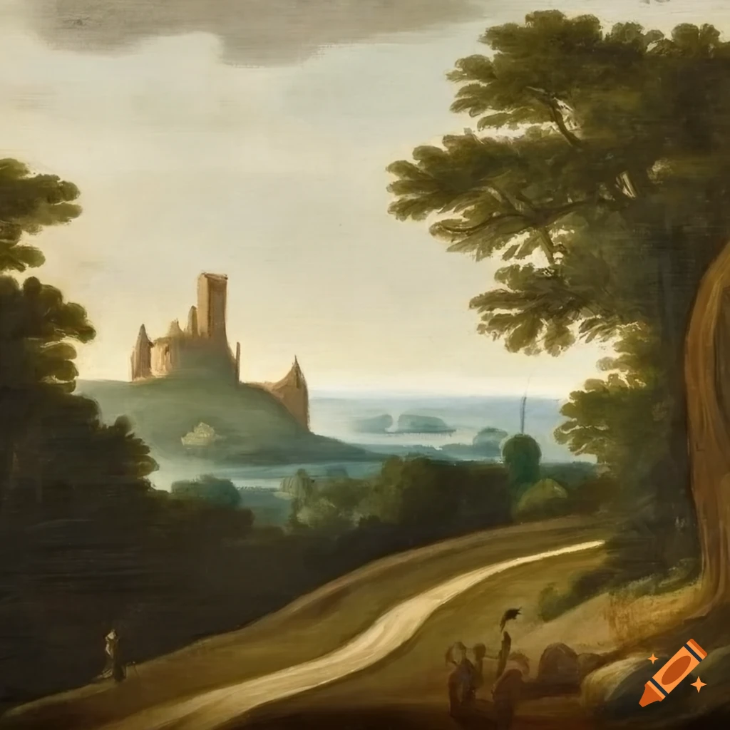 Renaissance painting of a landscape with road, trees and distant castle ...
