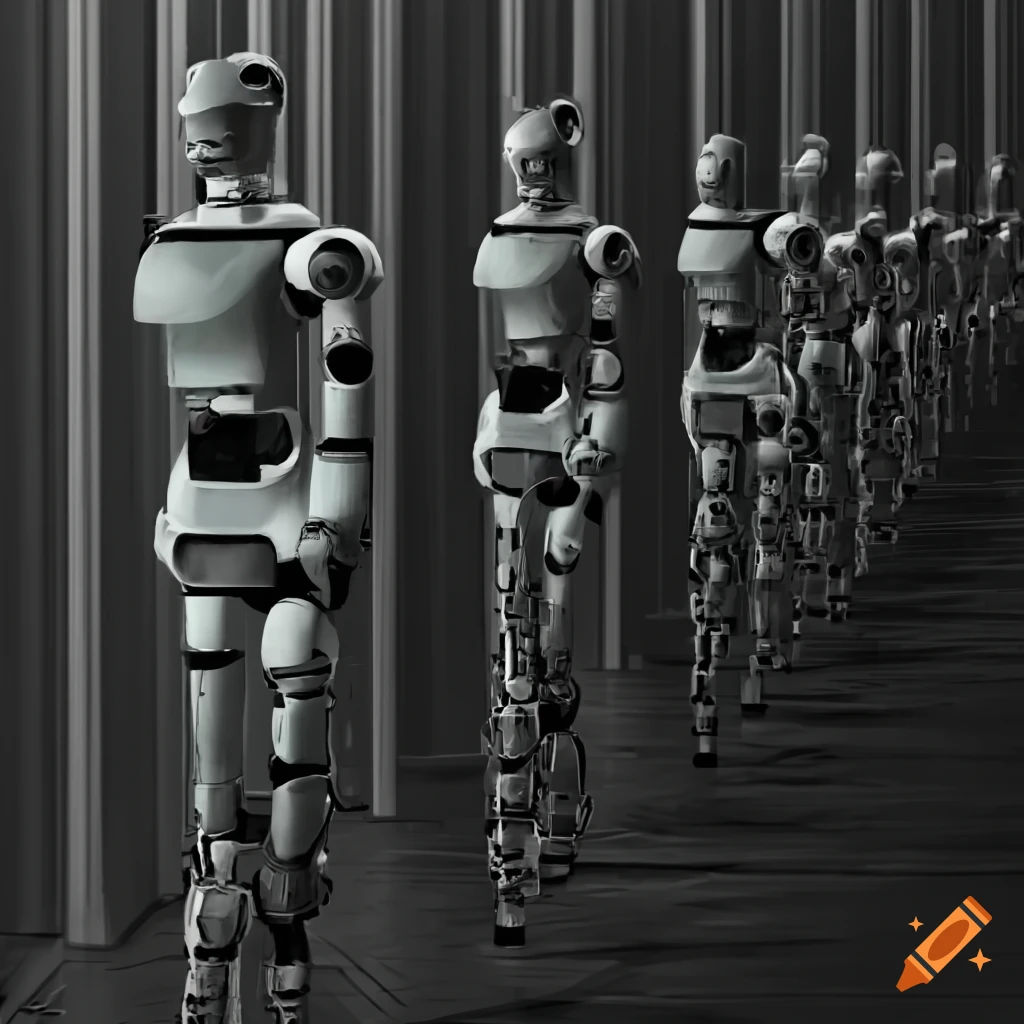 Row of robots walking in line in greyscale on Craiyon