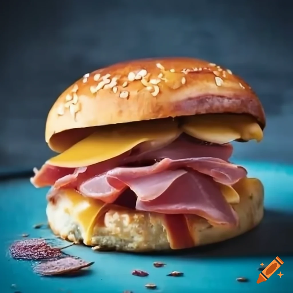 Delicioso pan de hamburguesa con jamón y queso on Craiyon