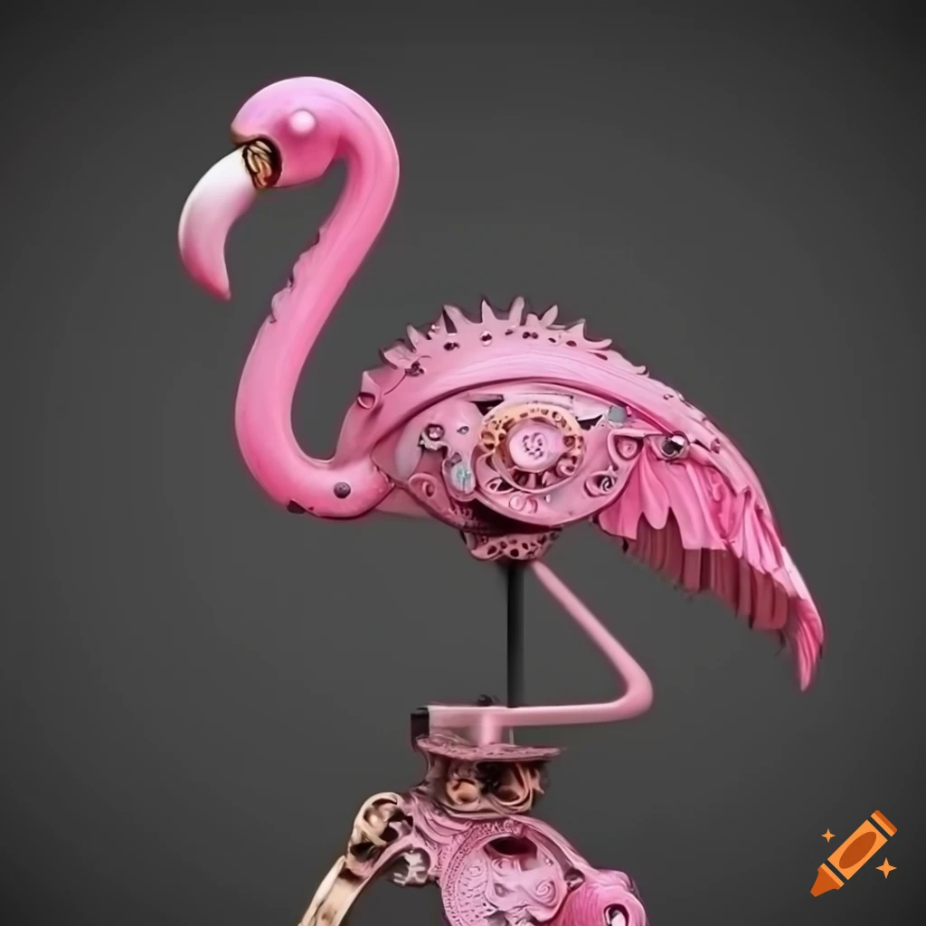 A steampunk mechanical flamingo with intricate design and pink details ...