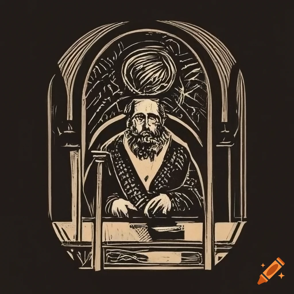 A divinatory tarot card in a linocut style, depicting a judge seated in ...