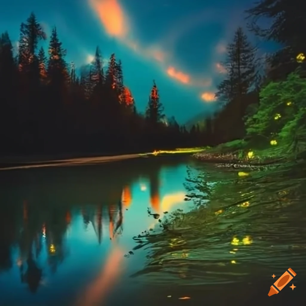 Detailed good quality magic river with fireflies and a sunset on Craiyon
