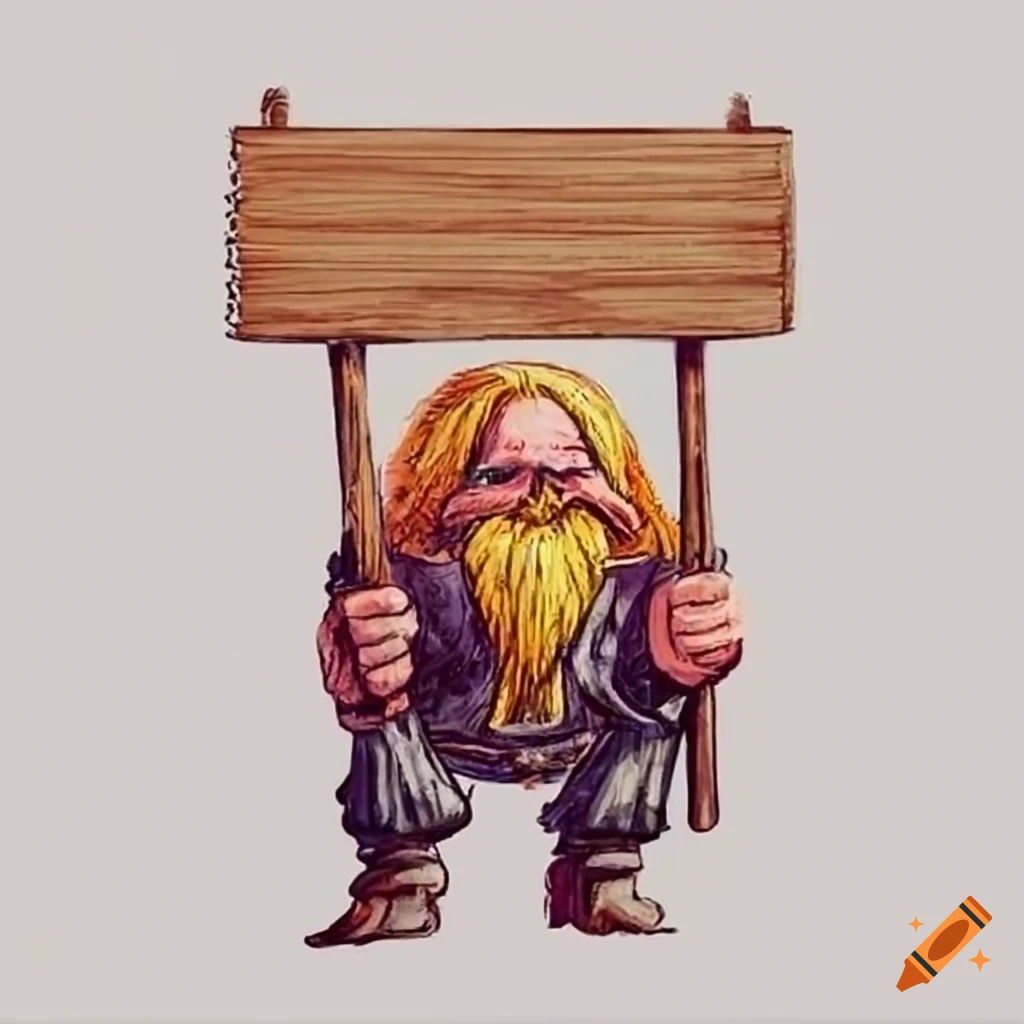 Dwarf rising a wooden sign above his head