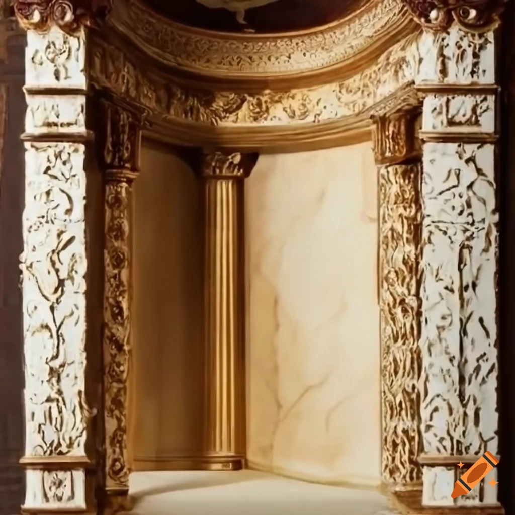 Retablo barroco de mármol flanqueado por columnas salomónicas