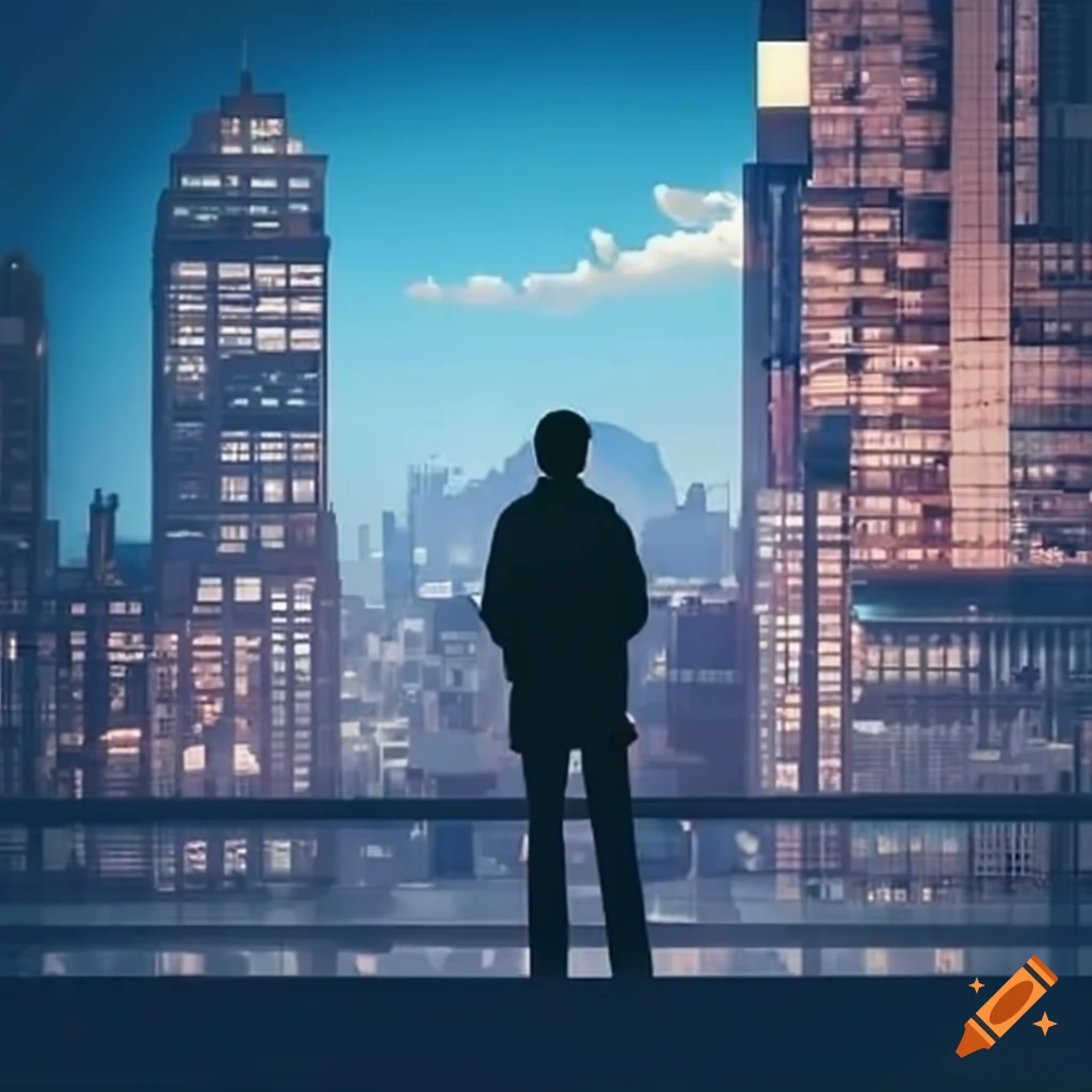 A person standing and looking around in a cityscape on Craiyon