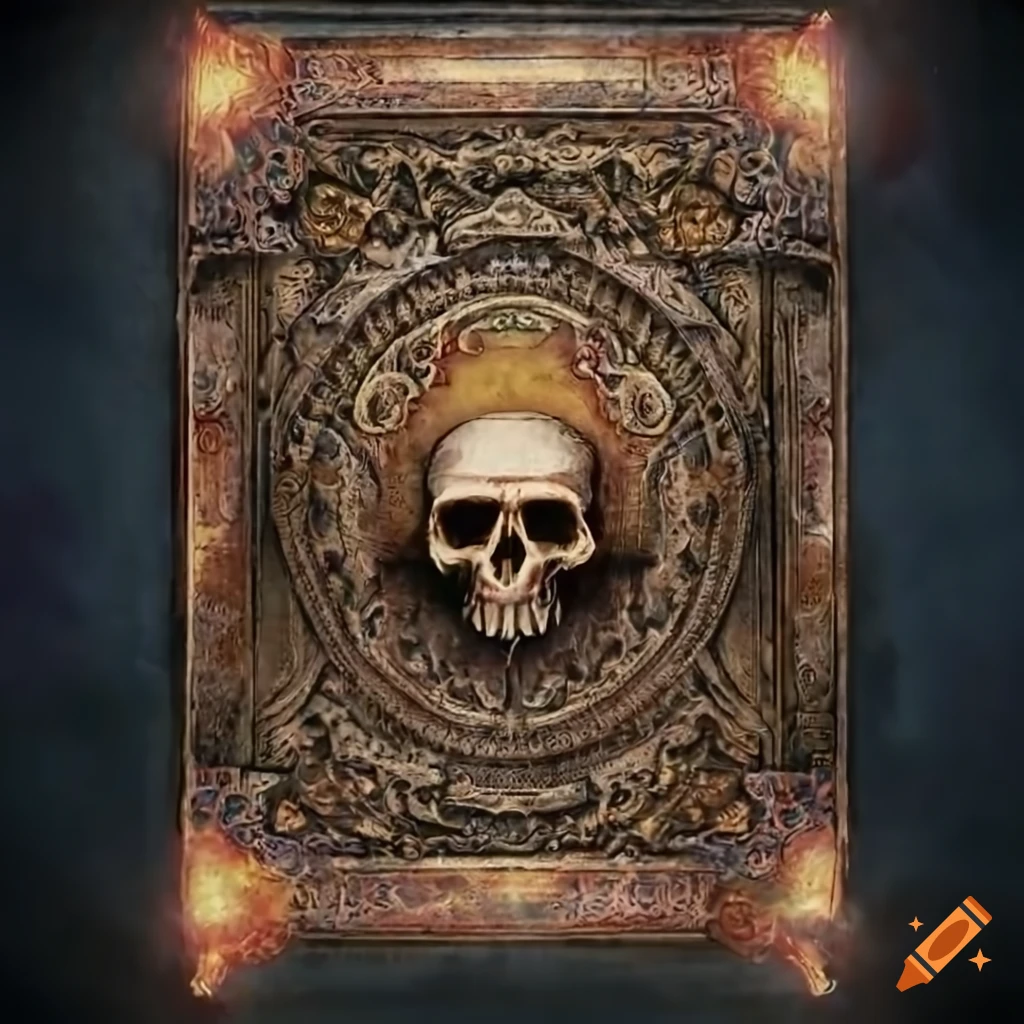 An ancient ornate intricate old tome spell book with the kaiju head ...