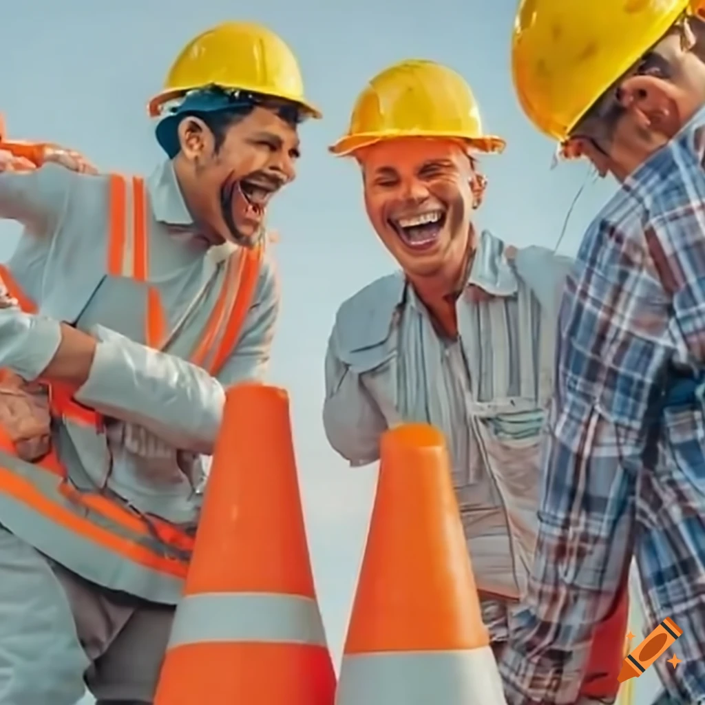 Construction workers placing cones while laughing on Craiyon