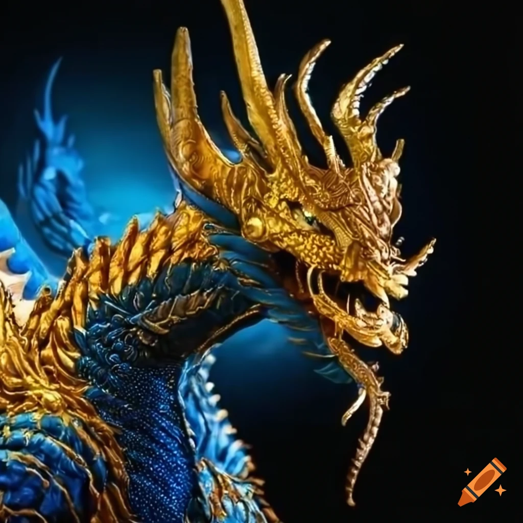 Blue dragon in golden embroidered armor in cgi