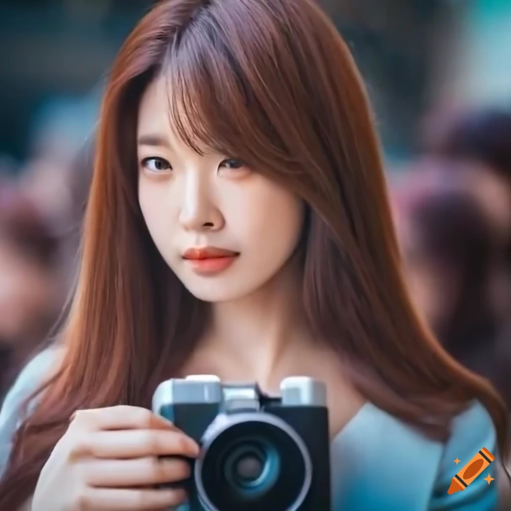Beautiful korean woman with brown hair filming a crowd with a camera