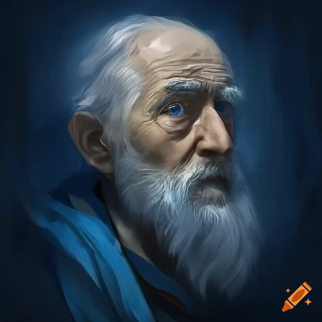 Old man, blue eyes, bushy white beard, digital painting, lots of ...