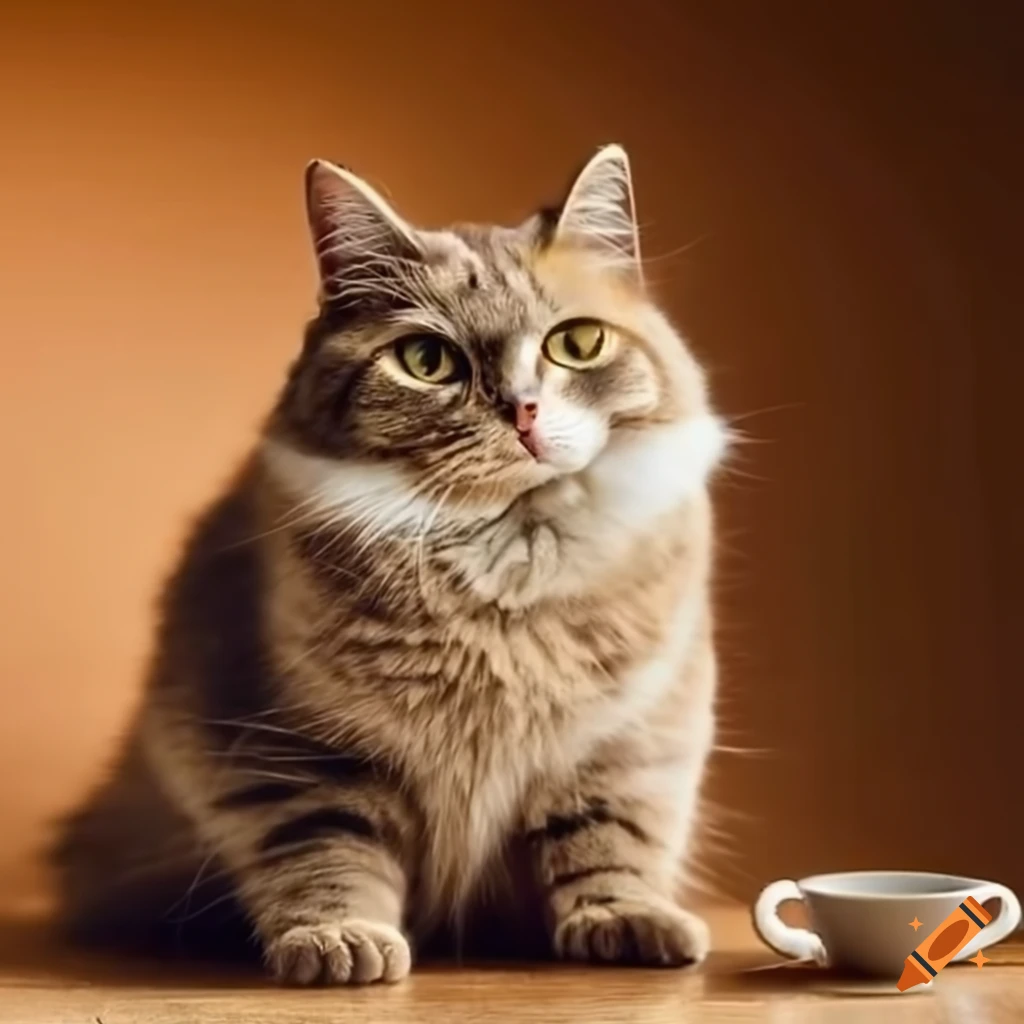 Cute fluffy cat with coffee