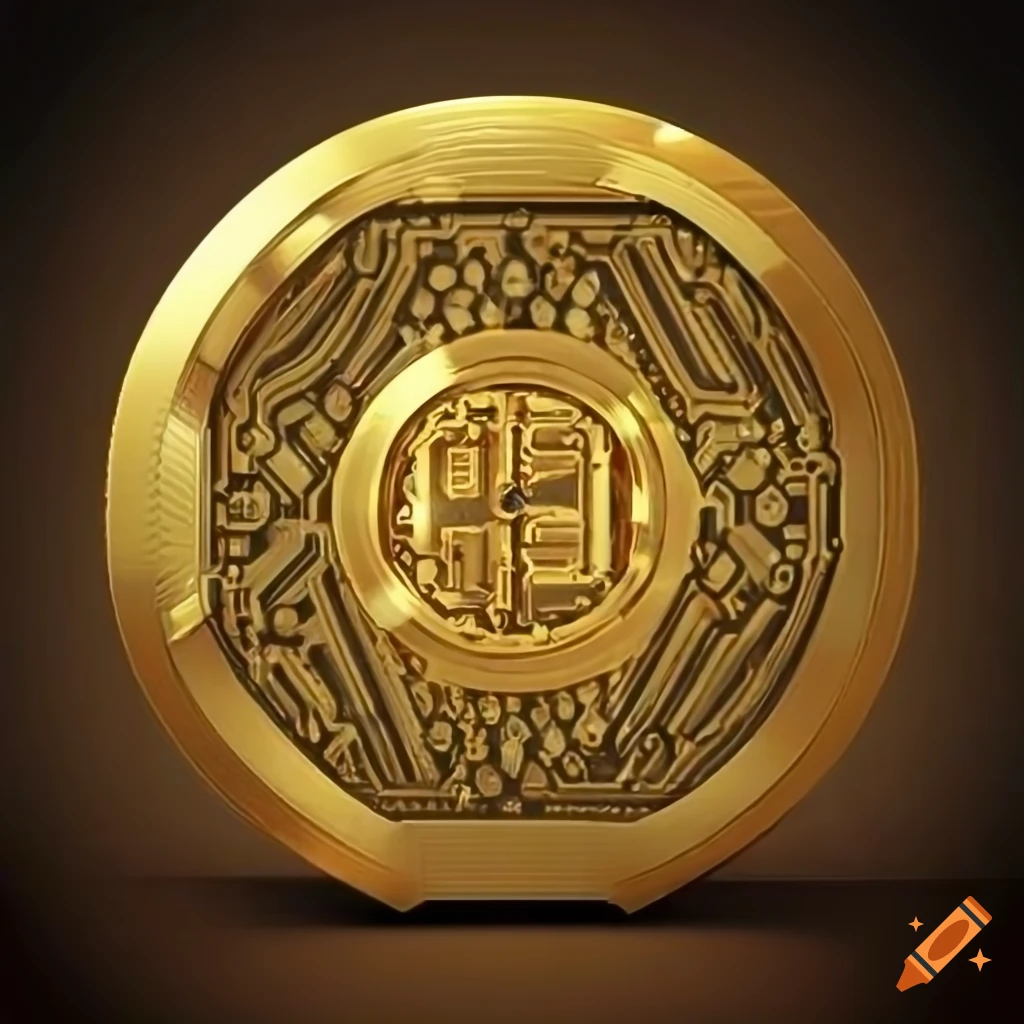 A golden token with hexagonal circuitry