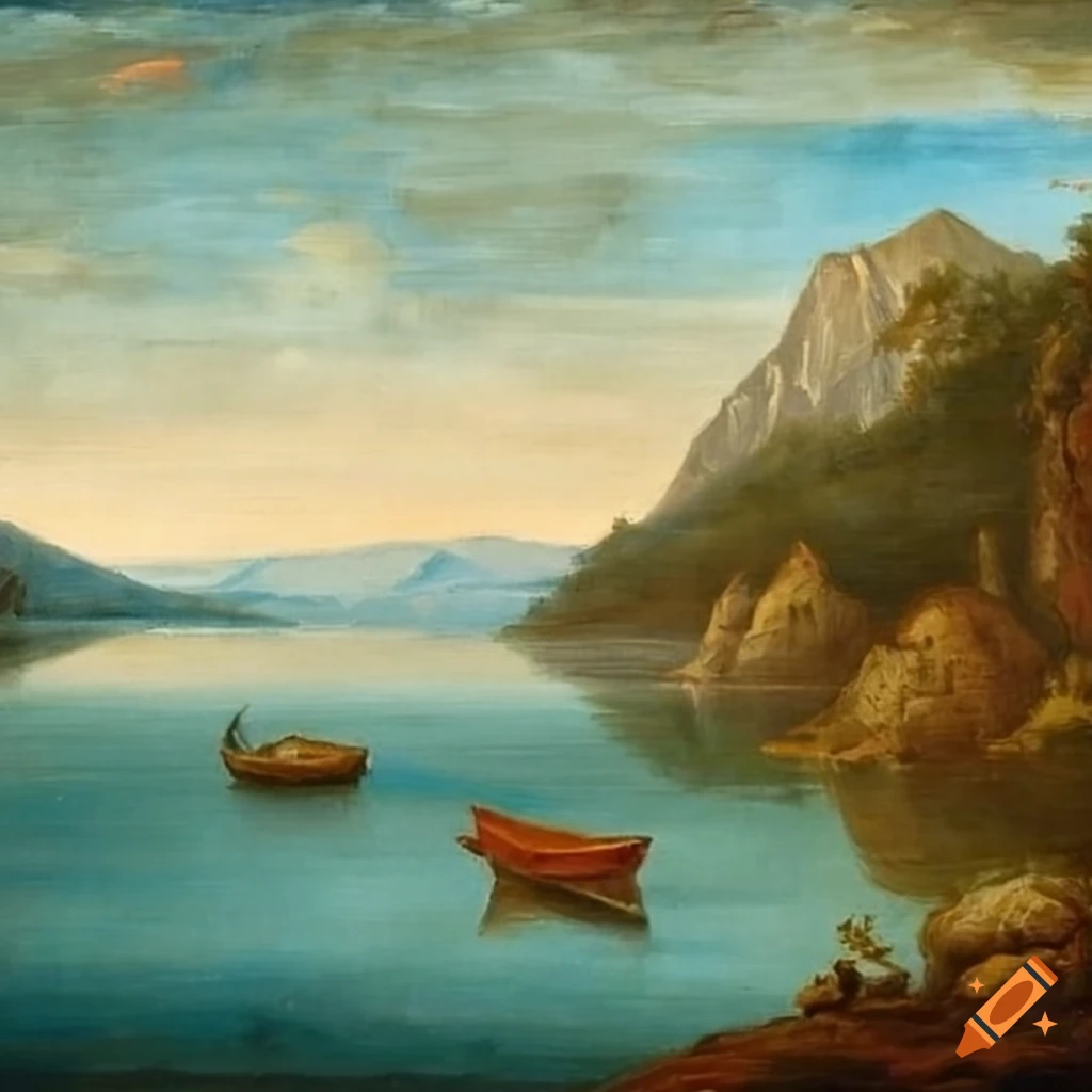 Renaissance painting lake and mountains landscape with boat on the ...