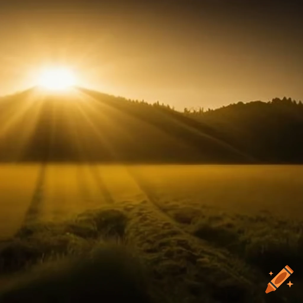 The sun in the upper left corner streaming rays on a landscape on Craiyon