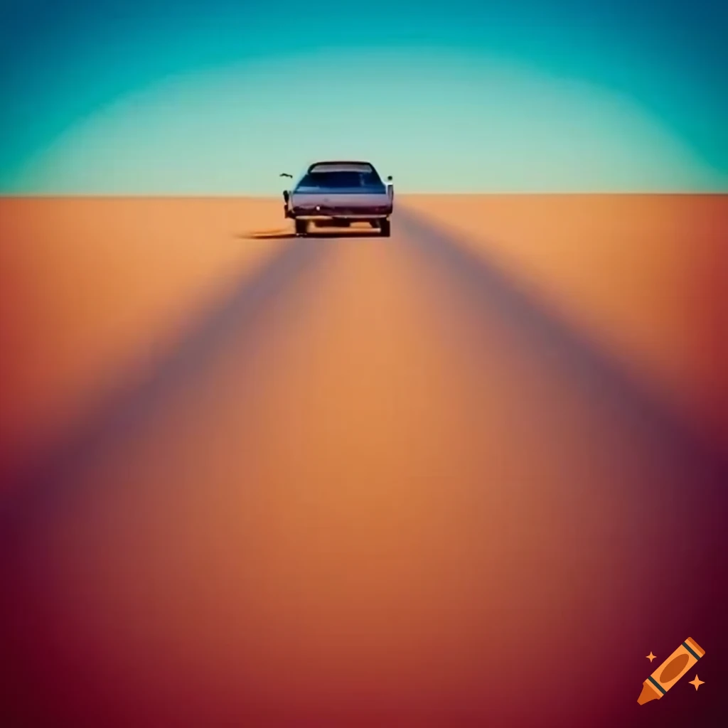 An image of a desert plain with a car driving far back, in the style of ...