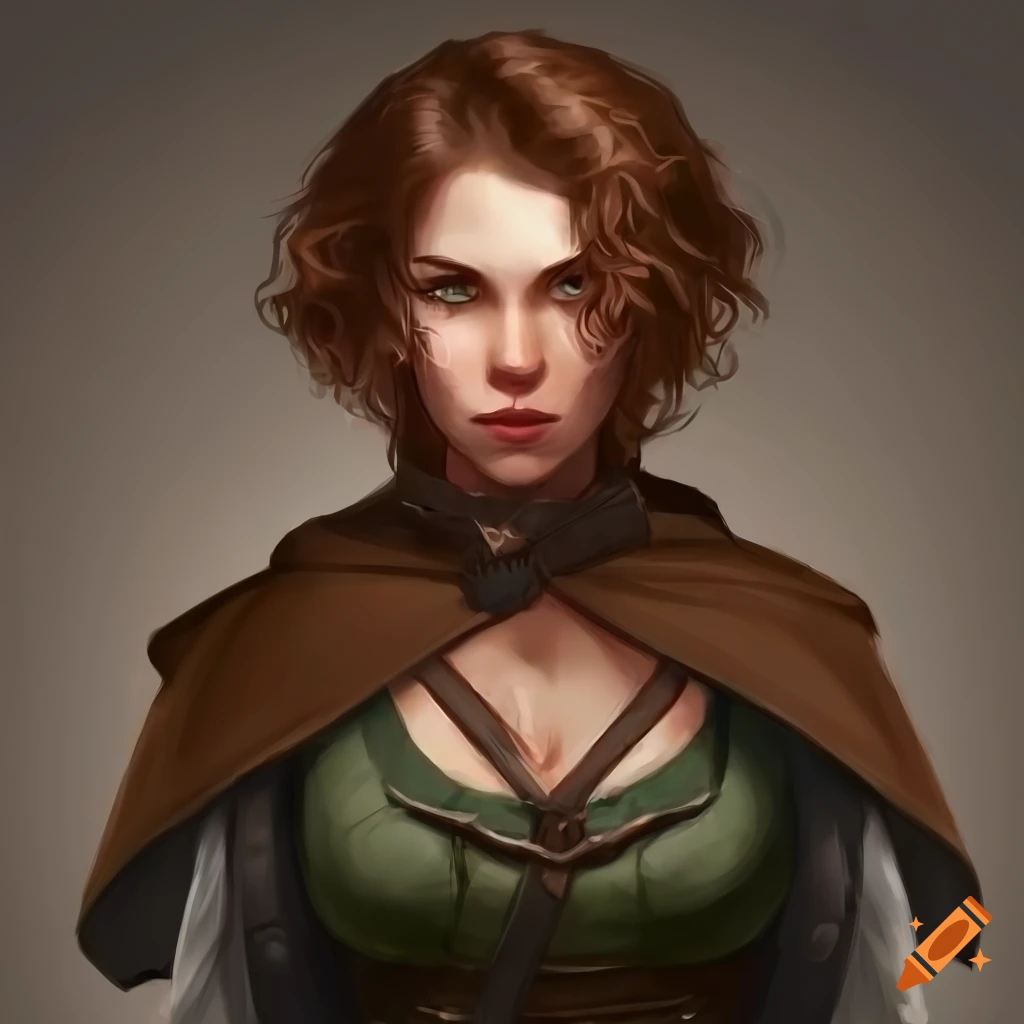 Serious dnd female ranger, poncho, bob haircut, brown hair, musketeer ...