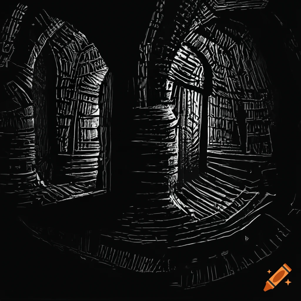 Black and white icon. side view of an ancient dungeon with spiderwebs ...