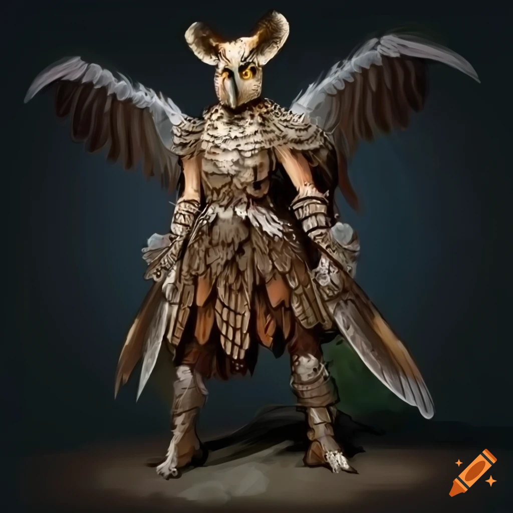 Tall Owlkin with wings, with feathered armour holding two axes on Craiyon