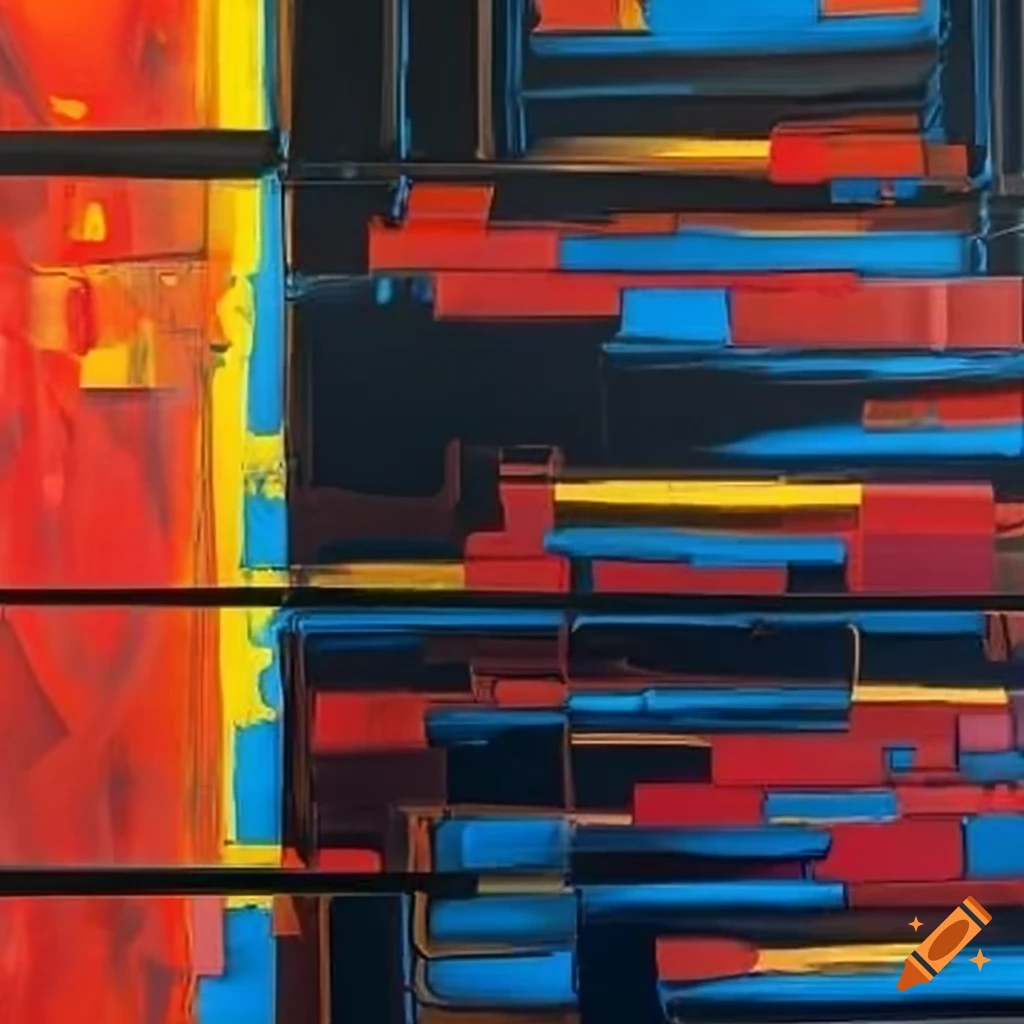 An abstract painting made of thick black vertical and horizontal lines ...