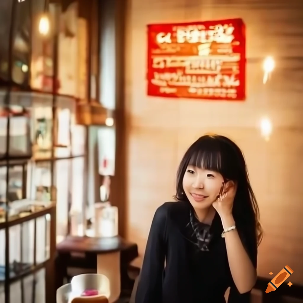 Young japanese woman, 2 meters tall, in a charming cafe