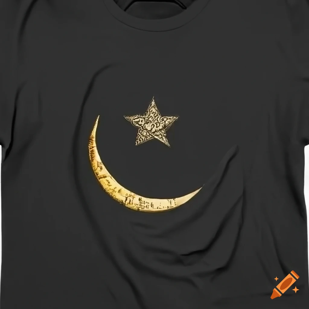 A t-shirt with the word "halal" and a crescent moon and star on Craiyon