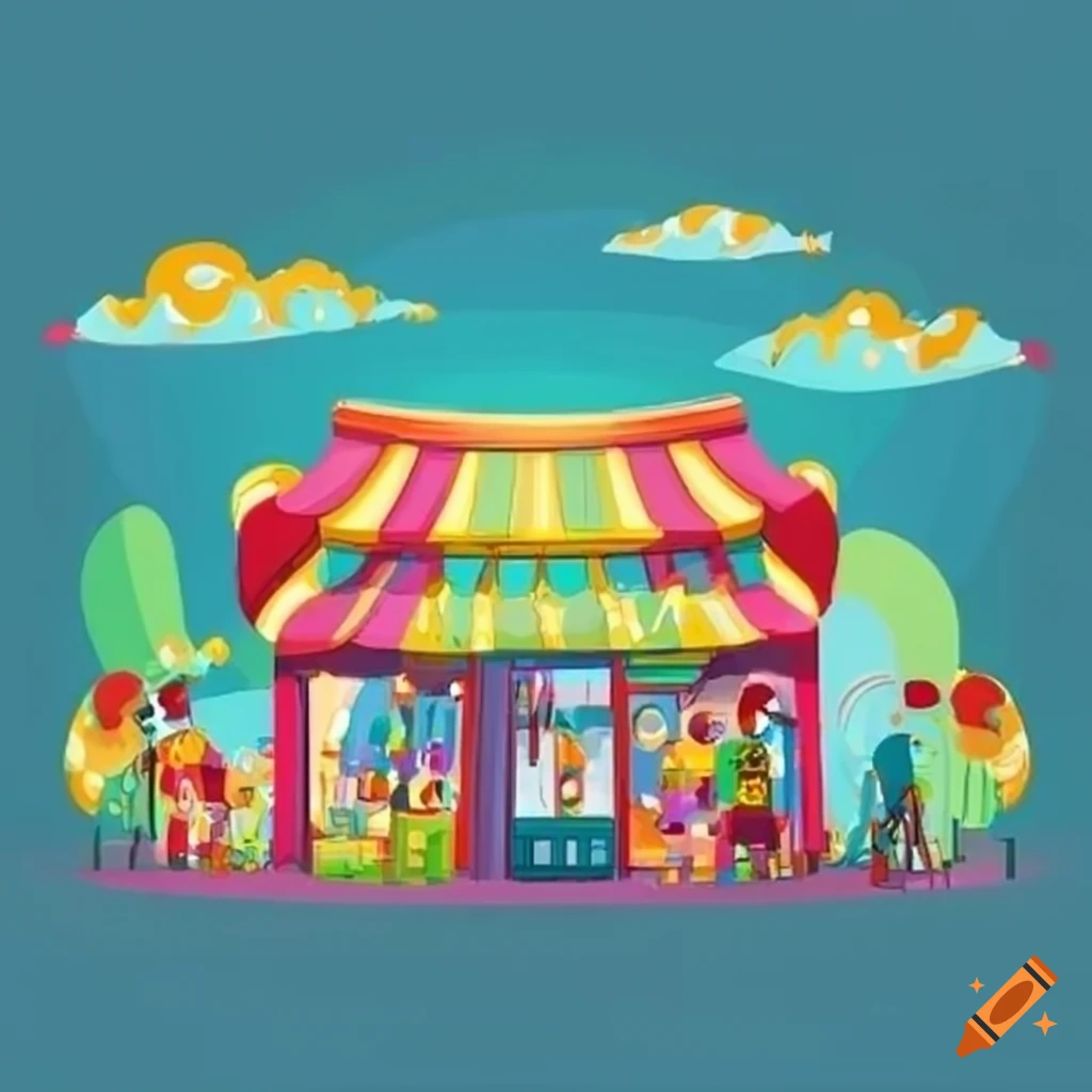 In cartoon style a busy shopping mall with bright stores and happy people