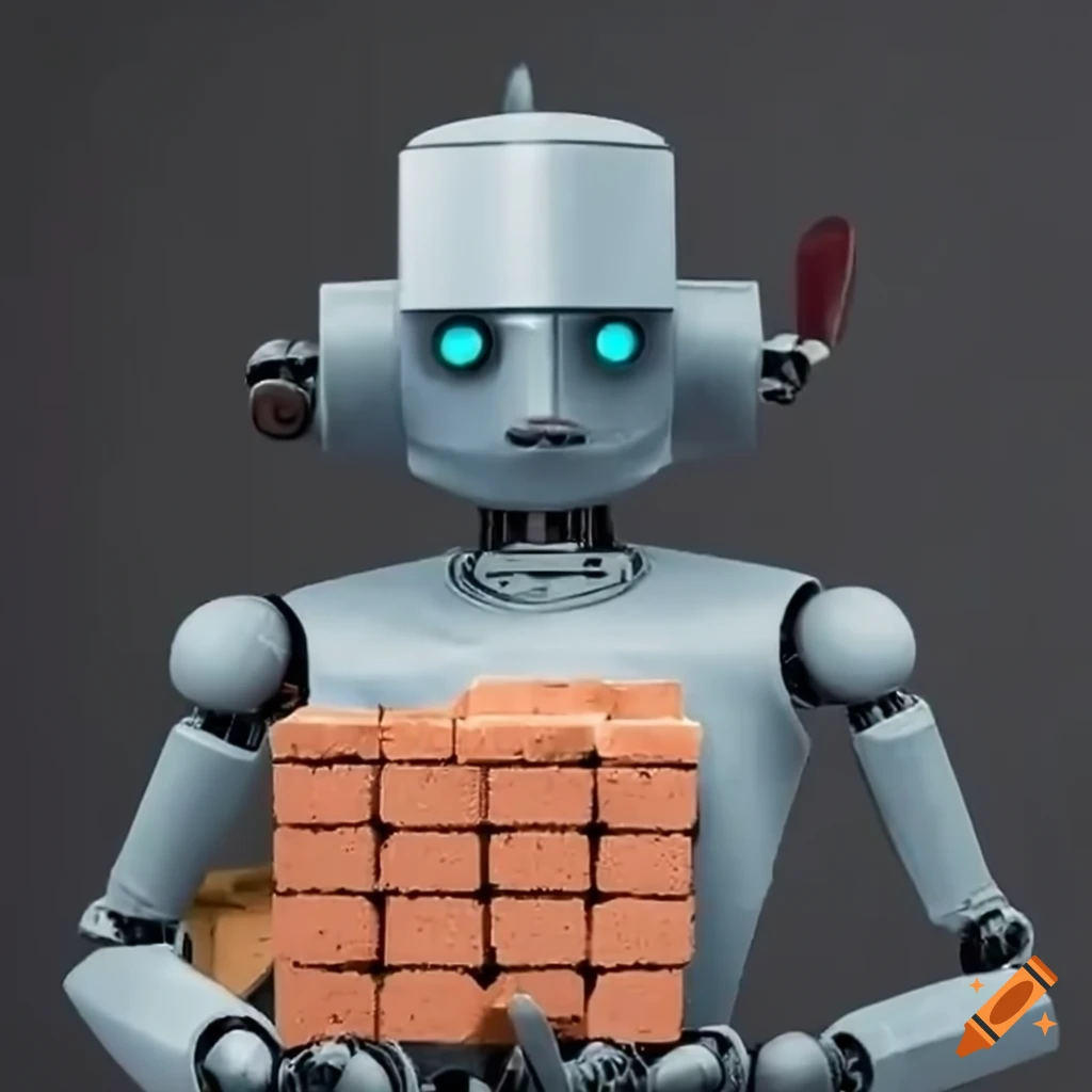 The robot holds a brick in one hand and a trowel in the other