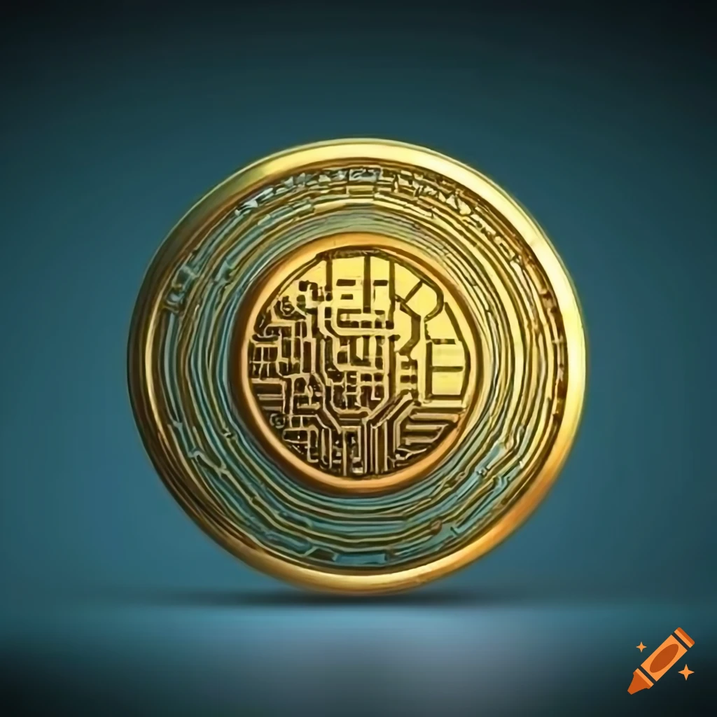 A golden token with hexagonal circuitry on Craiyon
