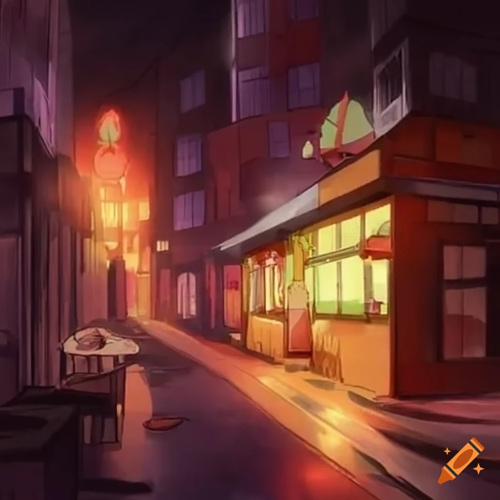 A picture of a city where a hamburger stand predominates