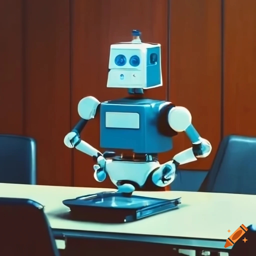 1990 robot listening to a pitch meeting in a boardroom on Craiyon