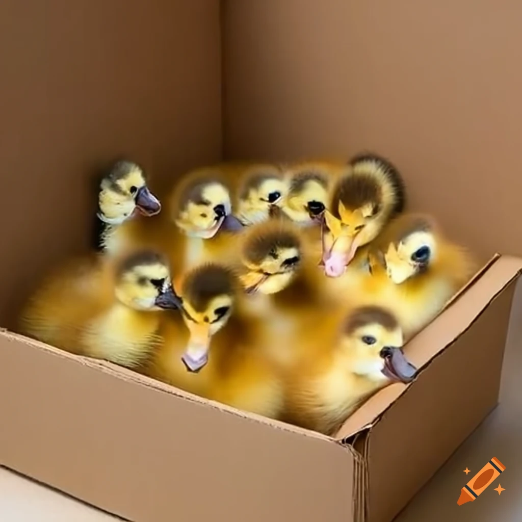 Cardboard box filled with baby fluffy ducks on Craiyon